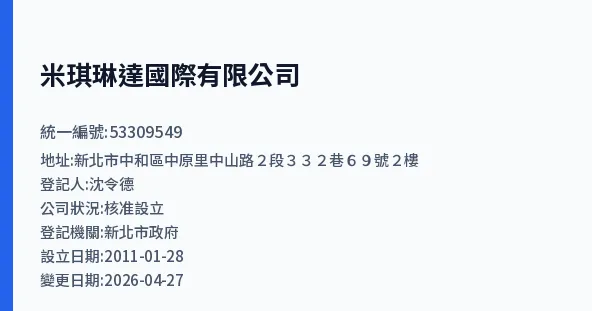 米琪琳達國際有限公司的照片-統編 53309549(新北市) 公司登記資料與營業項目詳細圖表