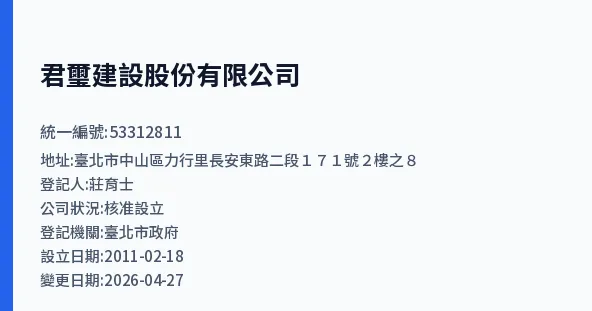 君璽建設股份有限公司的照片-統編 53312811(臺北市) 公司登記資料與營業項目詳細圖表