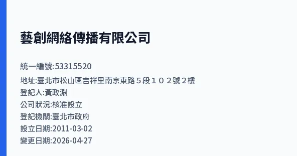 藝創網絡傳播有限公司的照片-統編 53315520(臺北市) 公司登記資料與營業項目詳細圖表