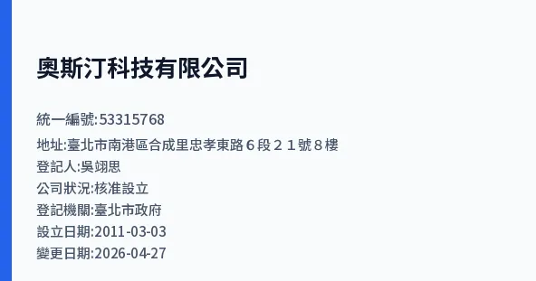 奧斯汀科技有限公司的照片-統編 53315768(臺北市) 公司登記資料與營業項目詳細圖表
