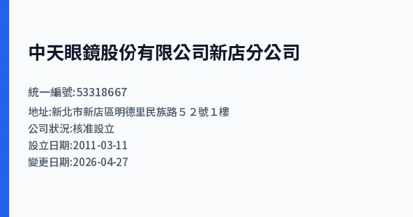 中天眼鏡股份有限公司新店分公司的照片-統編 53318667(新北市) 公司登記資料與營業項目詳細圖表