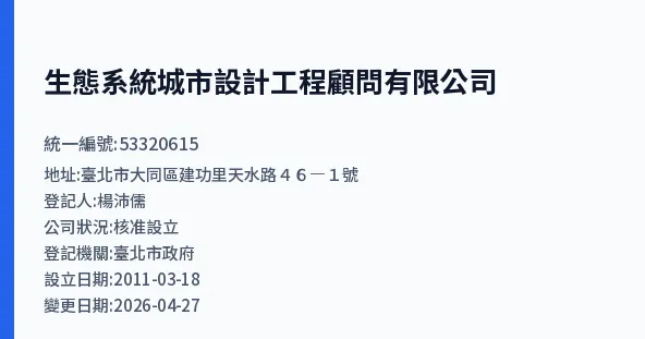 生態系統城市設計工程顧問有限公司的照片-統編 53320615(臺北市) 公司登記資料與營業項目詳細圖表