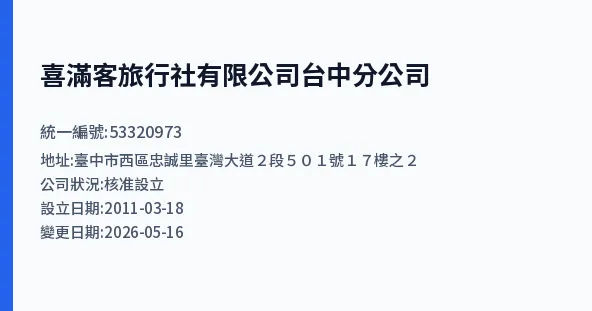 喜滿客旅行社有限公司台中分公司的照片-統編 53320973(臺中市) 公司登記資料與營業項目詳細圖表