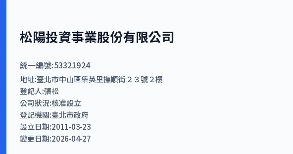 松陽投資事業股份有限公司的照片-統編 53321924(臺北市) 公司登記資料與營業項目詳細圖表