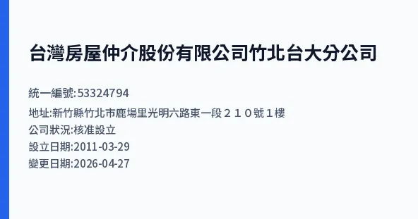 台灣房屋仲介股份有限公司竹北台大分公司的照片-統編 53324794(新竹縣) 公司登記資料與營業項目詳細圖表