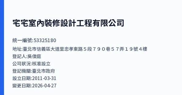 宅宅室內裝修設計工程有限公司的照片-統編 53325180(臺北市) 公司登記資料與營業項目詳細圖表
