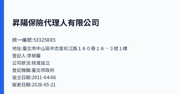 昇陽保險代理人有限公司的照片-統編 53325885(臺北市) 公司登記資料與營業項目詳細圖表