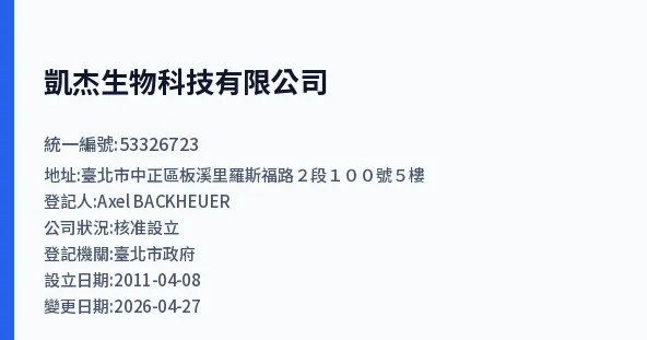 凱杰生物科技有限公司的照片-統編 53326723(臺北市) 公司登記資料與營業項目詳細圖表