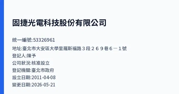 固捷光電科技股份有限公司的照片-統編 53326961(臺北市) 公司登記資料與營業項目詳細圖表