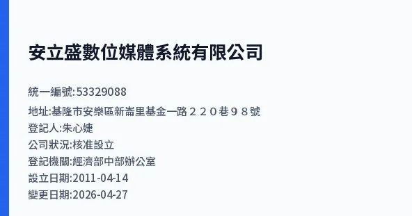 安立盛數位媒體系統有限公司的照片-統編 53329088(基隆市) 公司登記資料與營業項目詳細圖表