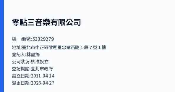 零點三音樂有限公司的照片-統編 53329279(臺北市) 公司登記資料與營業項目詳細圖表