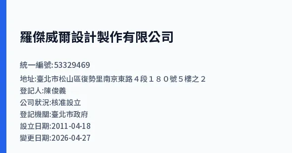 羅傑威爾設計製作有限公司的照片-統編 53329469(臺北市) 公司登記資料與營業項目詳細圖表