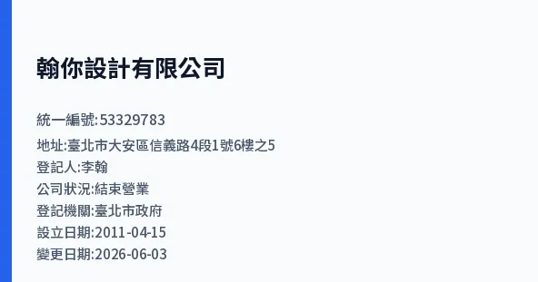 翰你設計有限公司的照片-統編 53329783(臺北市) 公司登記資料與營業項目詳細圖表