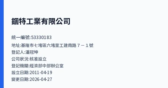錮特工業有限公司的照片-統編 53330183(基隆市) 公司登記資料與營業項目詳細圖表