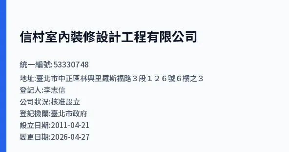 信村室內裝修設計工程有限公司的照片-統編 53330748(臺北市) 公司登記資料與營業項目詳細圖表