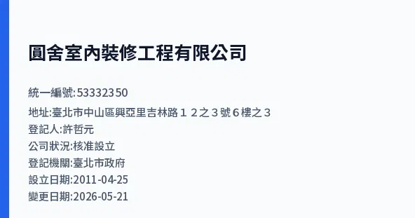 圓舍室內裝修工程有限公司的照片-統編 53332350(臺北市) 公司登記資料與營業項目詳細圖表