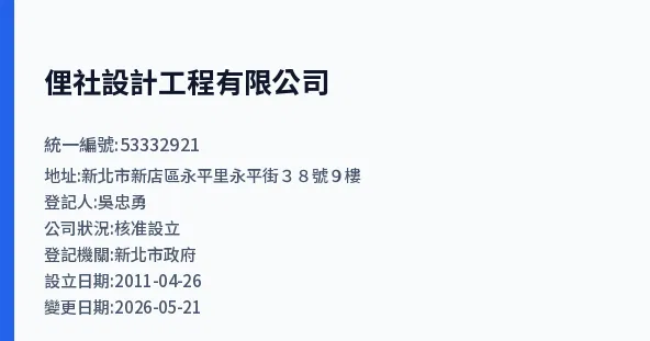 俚社設計工程有限公司的照片-統編 53332921(新北市) 公司登記資料與營業項目詳細圖表