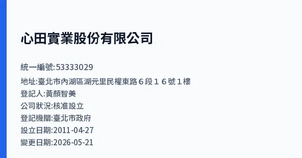 心田實業股份有限公司的照片-統編 53333029(臺北市) 公司登記資料與營業項目詳細圖表
