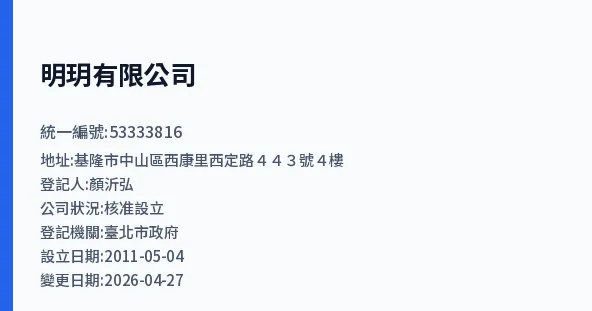 明玥有限公司的照片-統編 53333816(基隆市) 公司登記資料與營業項目詳細圖表