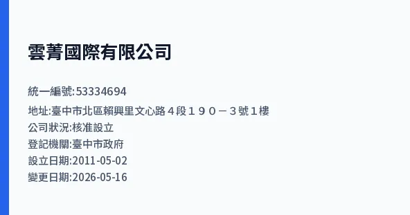 雲菁國際有限公司的照片-統編 53334694(臺中市) 公司登記資料與營業項目詳細圖表