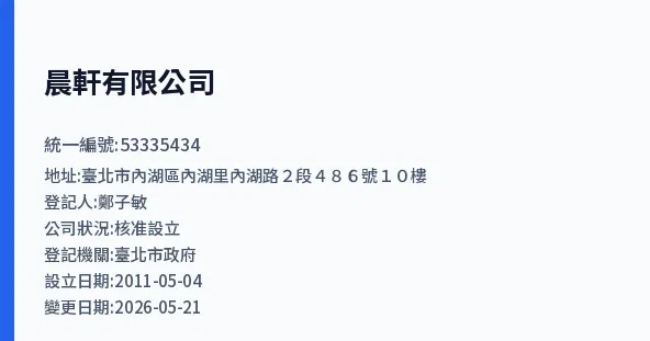 晨軒有限公司的照片-統編 53335434(臺北市) 公司登記資料與營業項目詳細圖表