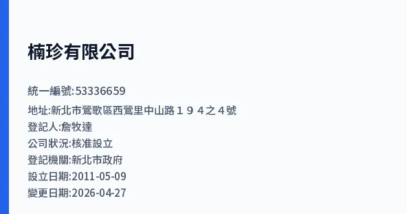 楠珍有限公司的照片-統編 53336659(新北市) 公司登記資料與營業項目詳細圖表