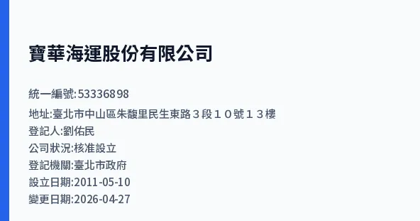 寶華海運股份有限公司的照片-統編 53336898(臺北市) 公司登記資料與營業項目詳細圖表