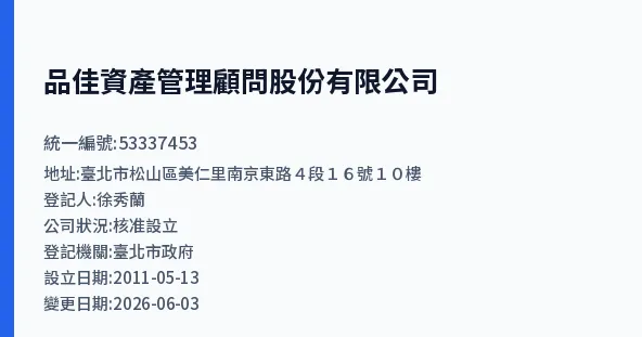 品佳資產管理顧問股份有限公司的照片-統編 53337453(臺北市) 公司登記資料與營業項目詳細圖表