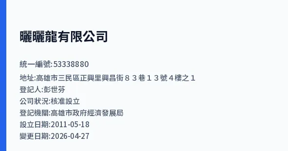 曬曬龍有限公司的照片-統編 53338880(高雄市) 公司登記資料與營業項目詳細圖表