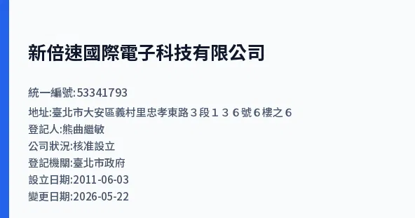 新倍速國際電子科技有限公司的照片-統編 53341793(臺北市) 公司登記資料與營業項目詳細圖表