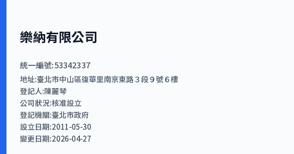 樂納有限公司的照片-統編 53342337(臺北市) 公司登記資料與營業項目詳細圖表