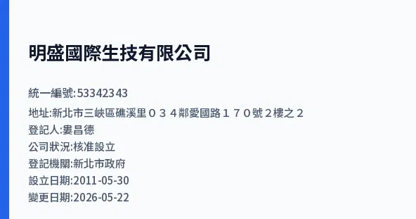 明盛國際生技有限公司的照片-統編 53342343(新北市) 公司登記資料與營業項目詳細圖表
