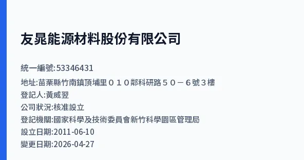 友晁能源材料股份有限公司的照片-統編 53346431(苗栗縣) 公司登記資料與營業項目詳細圖表