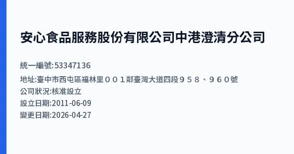 安心食品服務股份有限公司中港澄清分公司的照片-統編 53347136(臺中市) 公司登記資料與營業項目詳細圖表