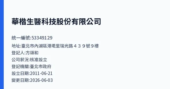 華楷生醫科技股份有限公司的照片-統編 53349129(臺北市) 公司登記資料與營業項目詳細圖表