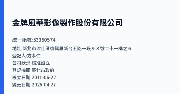 金牌風華影像製作股份有限公司的照片-統編 53350574(新北市) 公司登記資料與營業項目詳細圖表