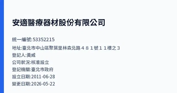 安適醫療器材股份有限公司的照片-統編 53352215(臺北市) 公司登記資料與營業項目詳細圖表