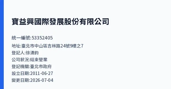 寶益興國際發展股份有限公司的照片-統編 53352405(臺北市) 公司登記資料與營業項目詳細圖表