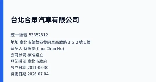 台北合眾汽車有限公司的照片-統編 53352812(臺北市) 公司登記資料與營業項目詳細圖表