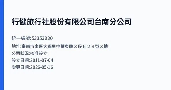 行健旅行社股份有限公司台南分公司的照片-統編 53353880(臺南市) 公司登記資料與營業項目詳細圖表