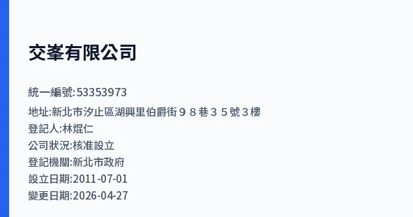 交峯有限公司的照片-統編 53353973(新北市) 公司登記資料與營業項目詳細圖表