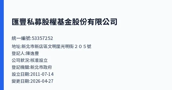 匯豐私募股權基金股份有限公司的照片-統編 53357252(新北市) 公司登記資料與營業項目詳細圖表