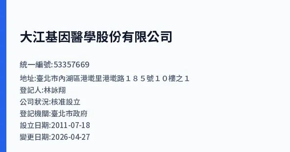 大江基因醫學股份有限公司的照片-統編 53357669(臺北市) 公司登記資料與營業項目詳細圖表