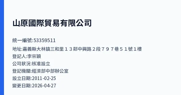 山原國際貿易有限公司的照片-統編 53359511(嘉義縣) 公司登記資料與營業項目詳細圖表