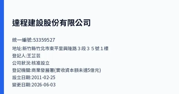 達程建設股份有限公司的照片-統編 53359527(新竹縣) 公司登記資料與營業項目詳細圖表