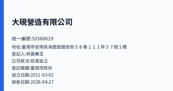 大硯營造有限公司的照片-統編 53360019(臺南市) 公司登記資料與營業項目詳細圖表