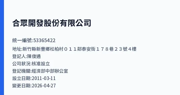 合眾開發股份有限公司的照片-統編 53365422(新竹縣) 公司登記資料與營業項目詳細圖表