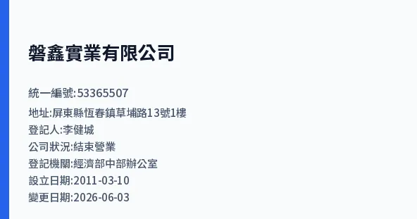 磐鑫實業有限公司的照片-統編 53365507(屏東縣) 公司登記資料與營業項目詳細圖表