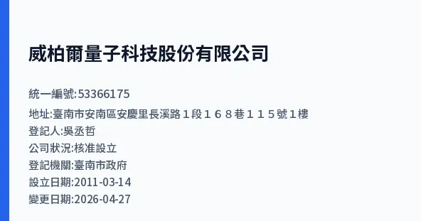 威柏爾量子科技股份有限公司的照片-統編 53366175(臺南市) 公司登記資料與營業項目詳細圖表