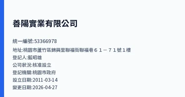 善陽實業有限公司的照片-統編 53366978(桃園市) 公司登記資料與營業項目詳細圖表